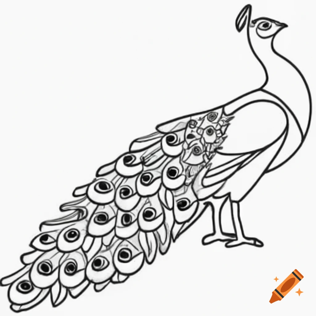 Line drawing of a resplendent peacock with detailed plumage, for ...