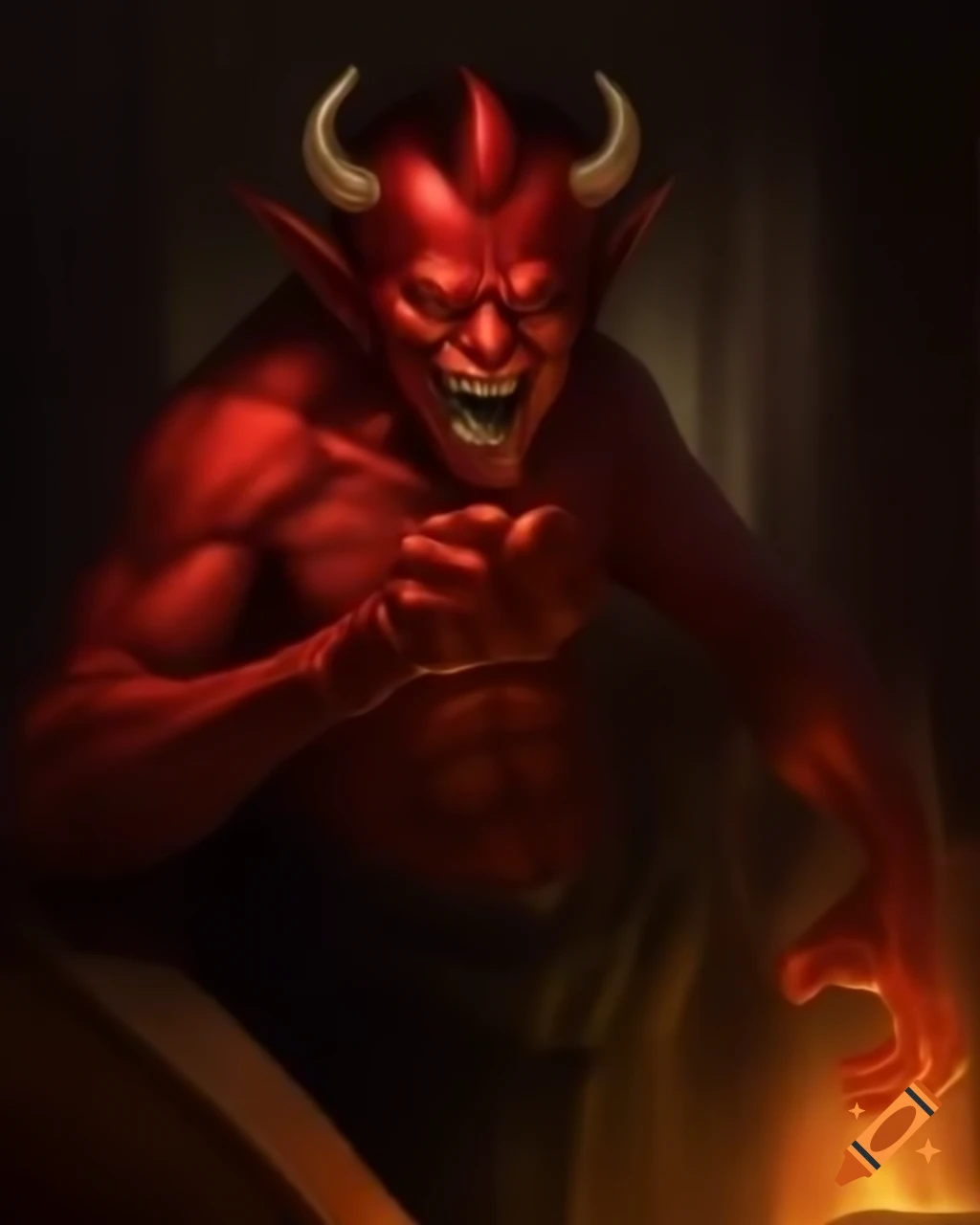Crimson-skinned devil grinning in firelit room with fiery hellscape on ...