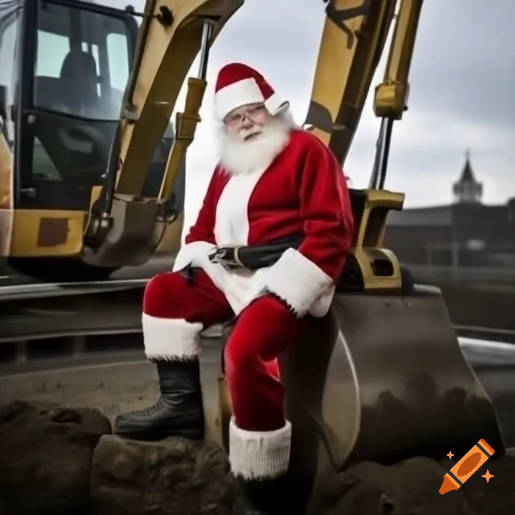 Santa claus in hard hat next to digger at building site on Craiyon