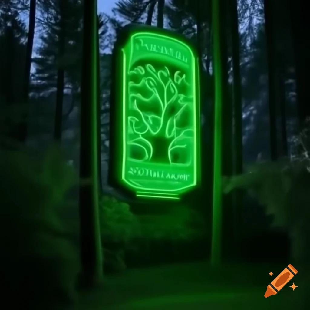 Neon sign 'The Barrie' cocktail bar with dark forest tree theme on Craiyon