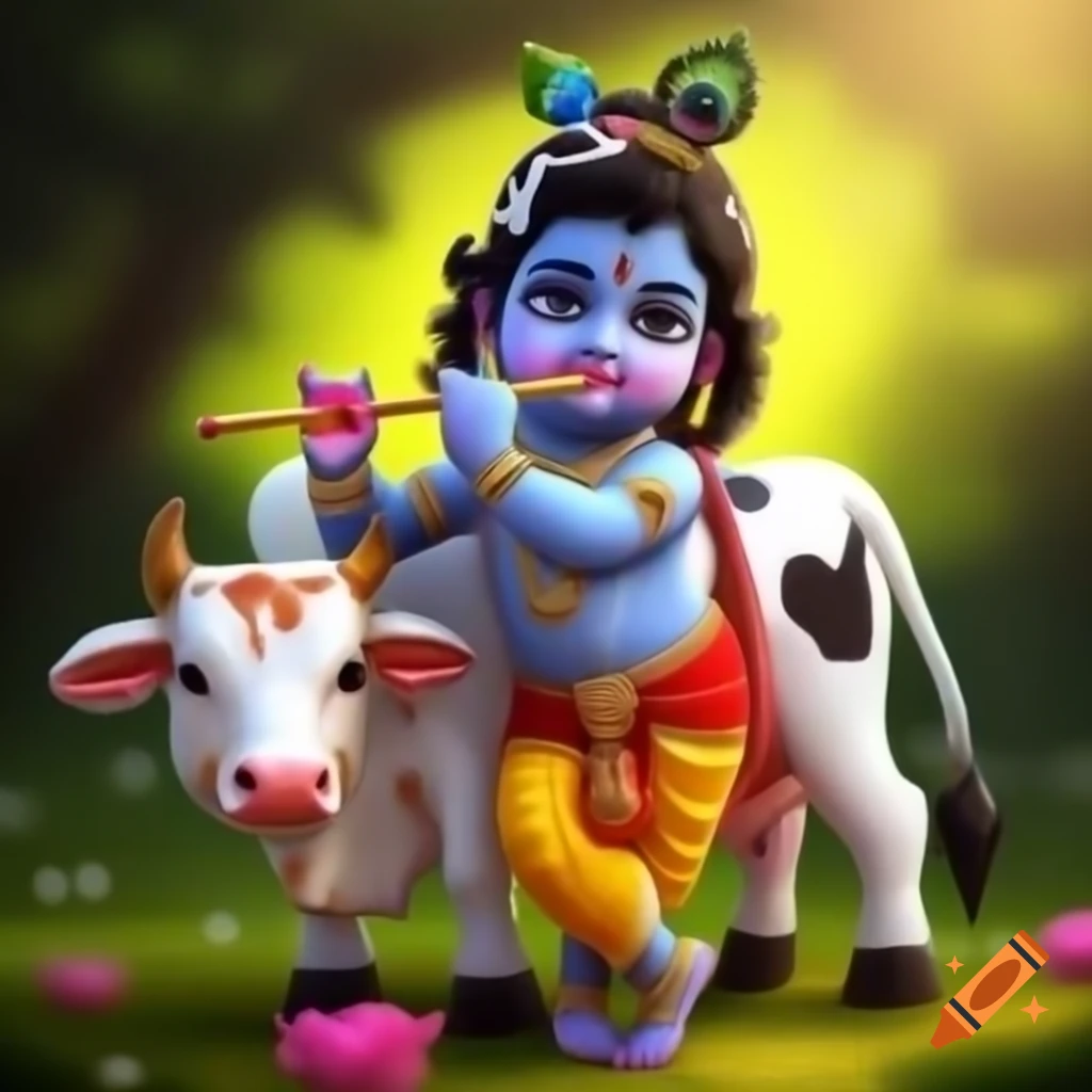 Lord krishna playing flute with a cow on Craiyon
