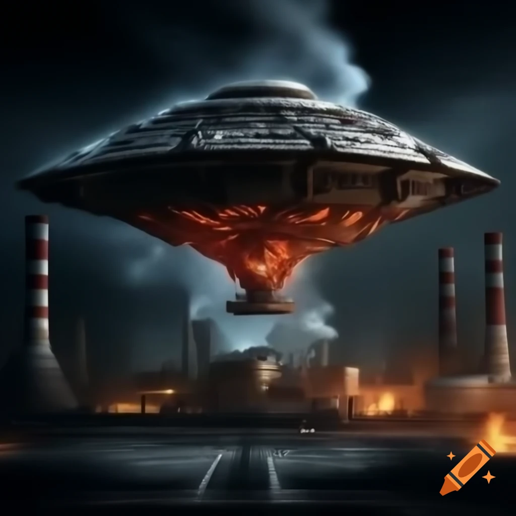 Enigmatic saucer-shaped craft hovering over atomic power plant with biohazard sign on Craiyon