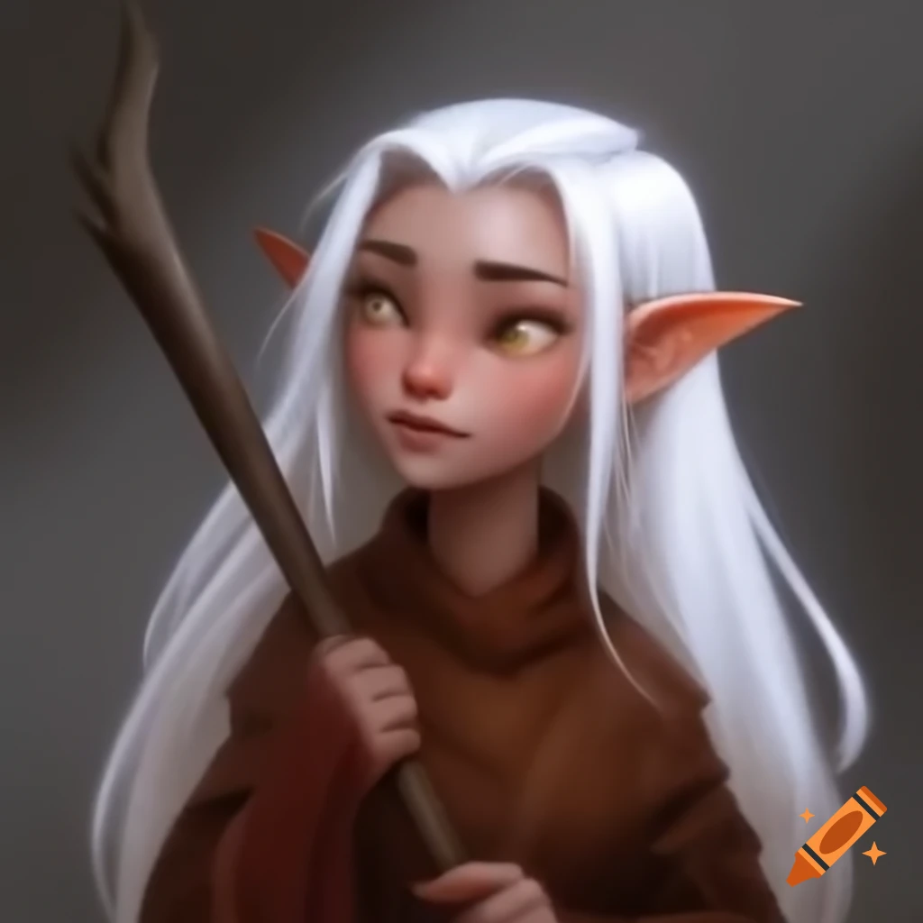 Wood elf monk with long white hair and staff, characterized by doe-like ...