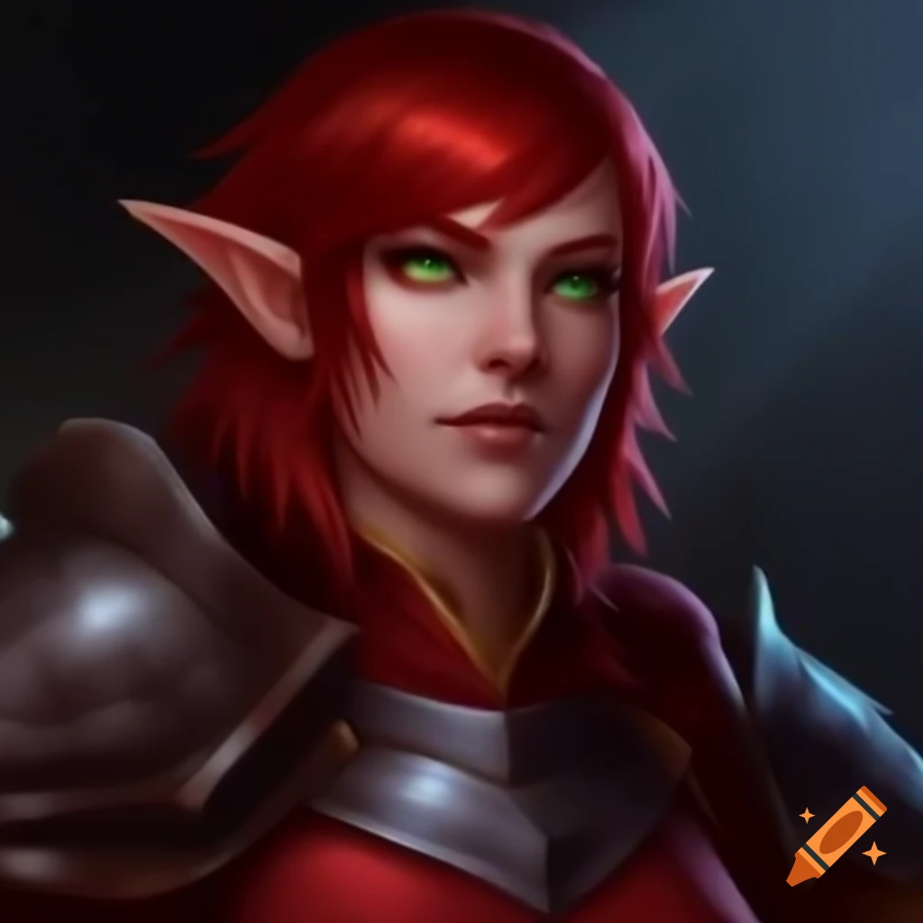 Muscular female half-elf paladin with red hair and armor, showing a ...
