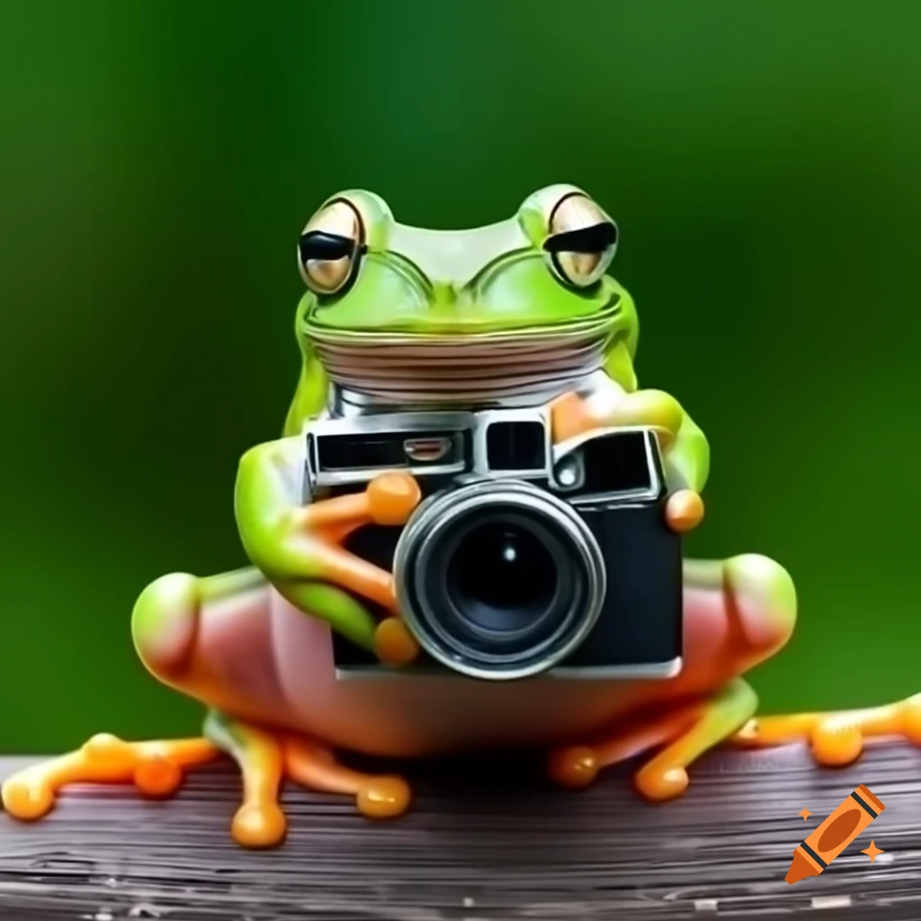Frog next to a camera, capturing nature on Craiyon