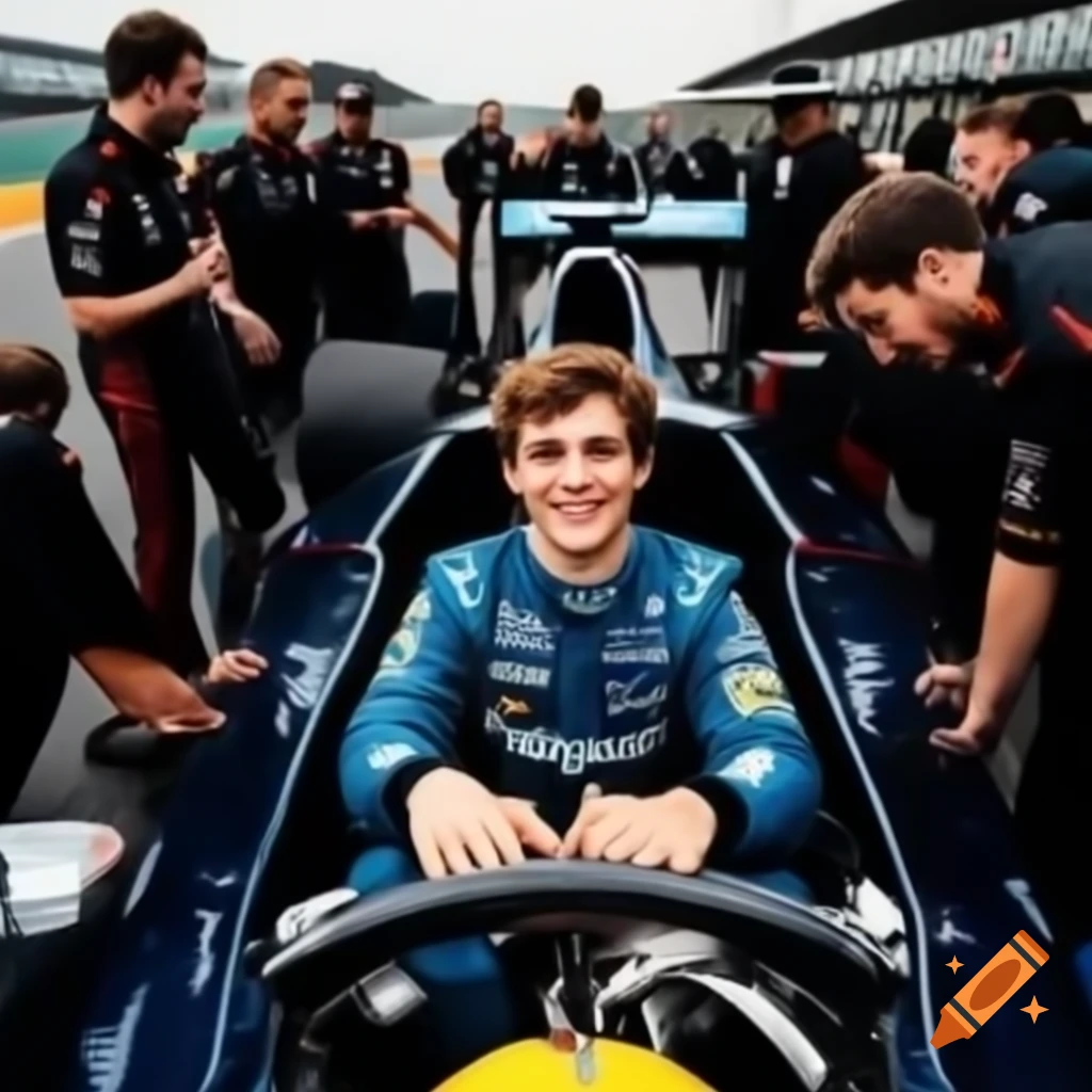 Dylan Caldwell in racing suit inside formula racing car with team on Craiyon