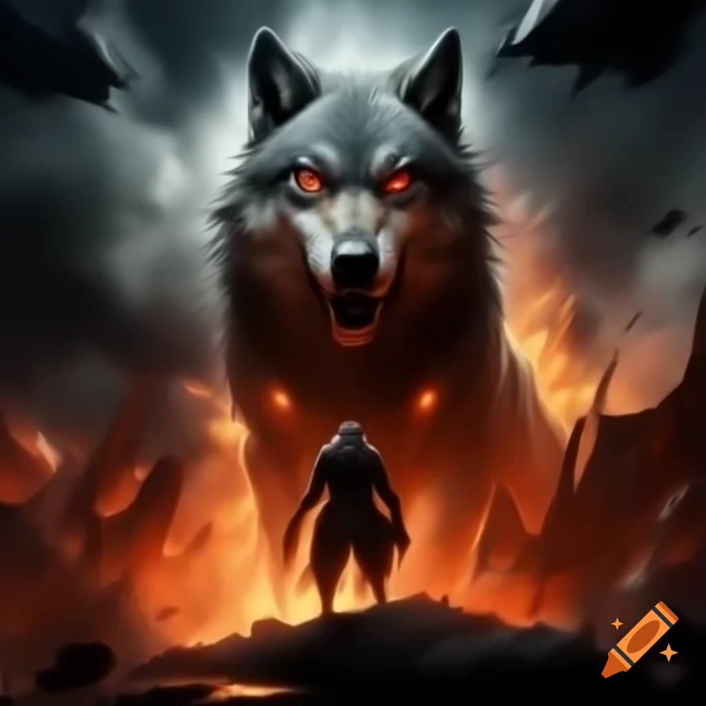 Majestic gray wolf silhouetted in action with fiery explosion on Craiyon