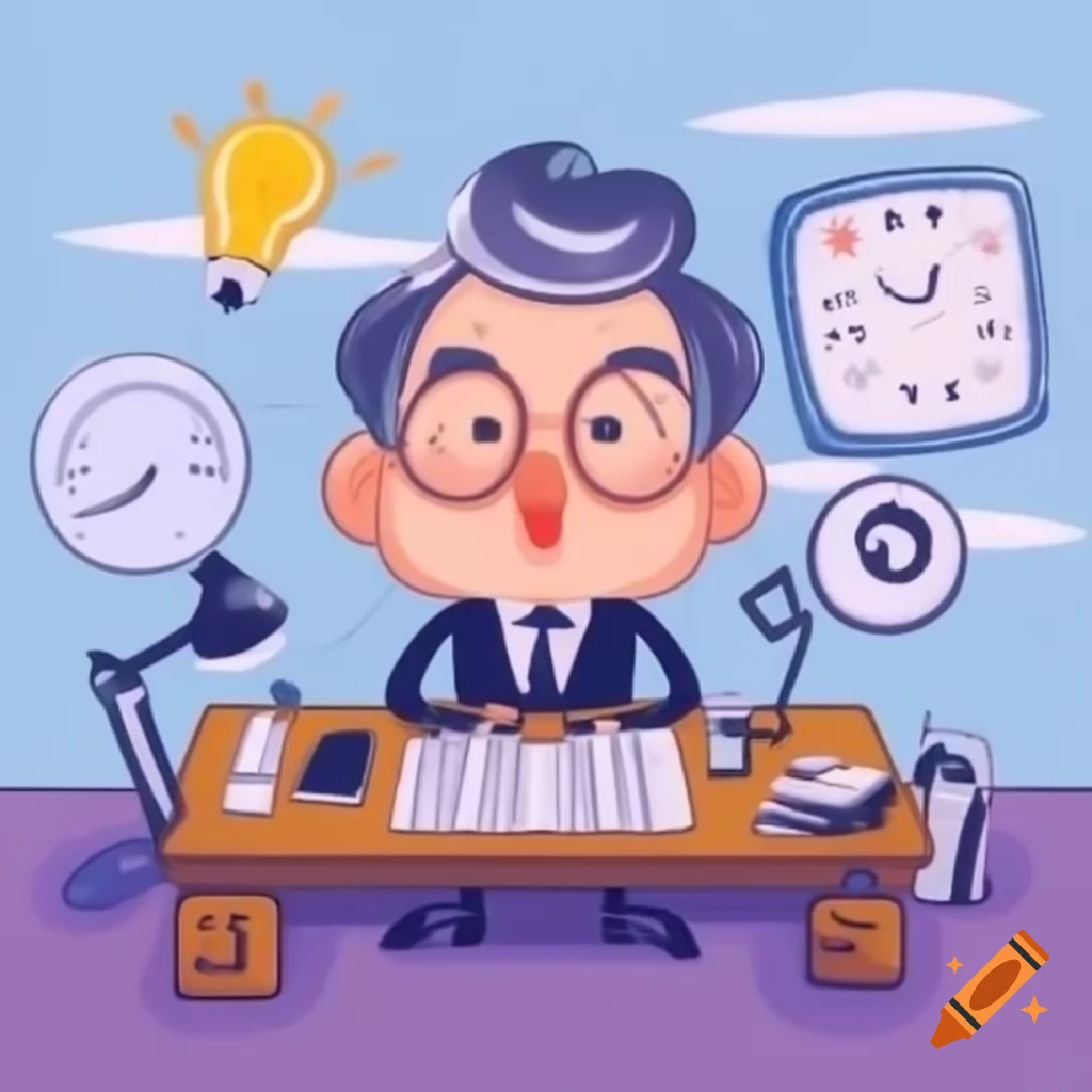 Cartoon of a tired person at desk holding coffee cup, thoughtful clouds ...