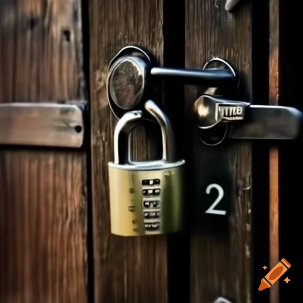 Four-number code padlock on an old wooden door on Craiyon