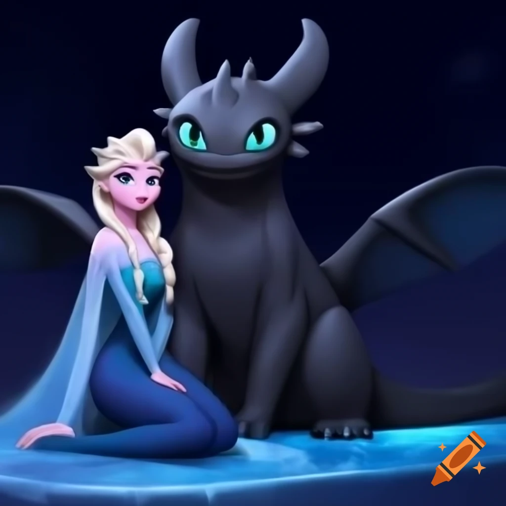 Elsa riding Toothless, blending icy grace and fantasy on Craiyon