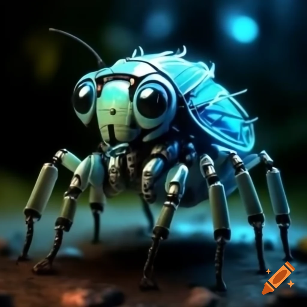 Bioluminescent robotic insect with soft blue glow in shadows on Craiyon