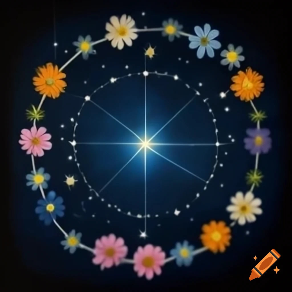 Symbolism of a constellation represented by an empty circle and flowers ...