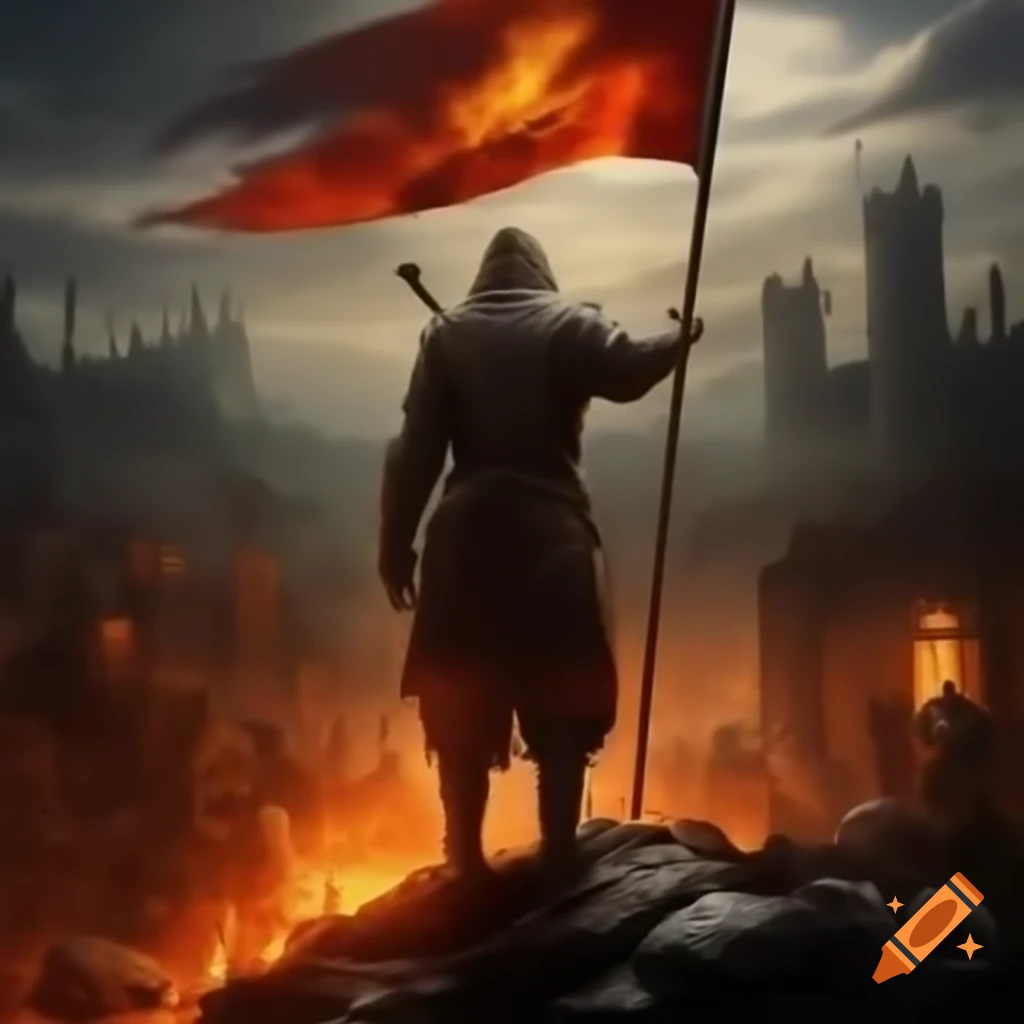 Hero holding burning flag atop rubble after rebellion against unjust ...