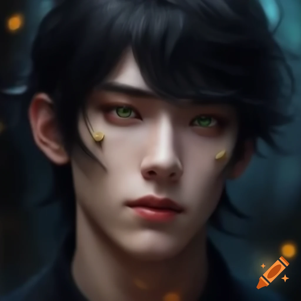 Photorealistic young man with wavy dark hair and green eyes, ethereal ...