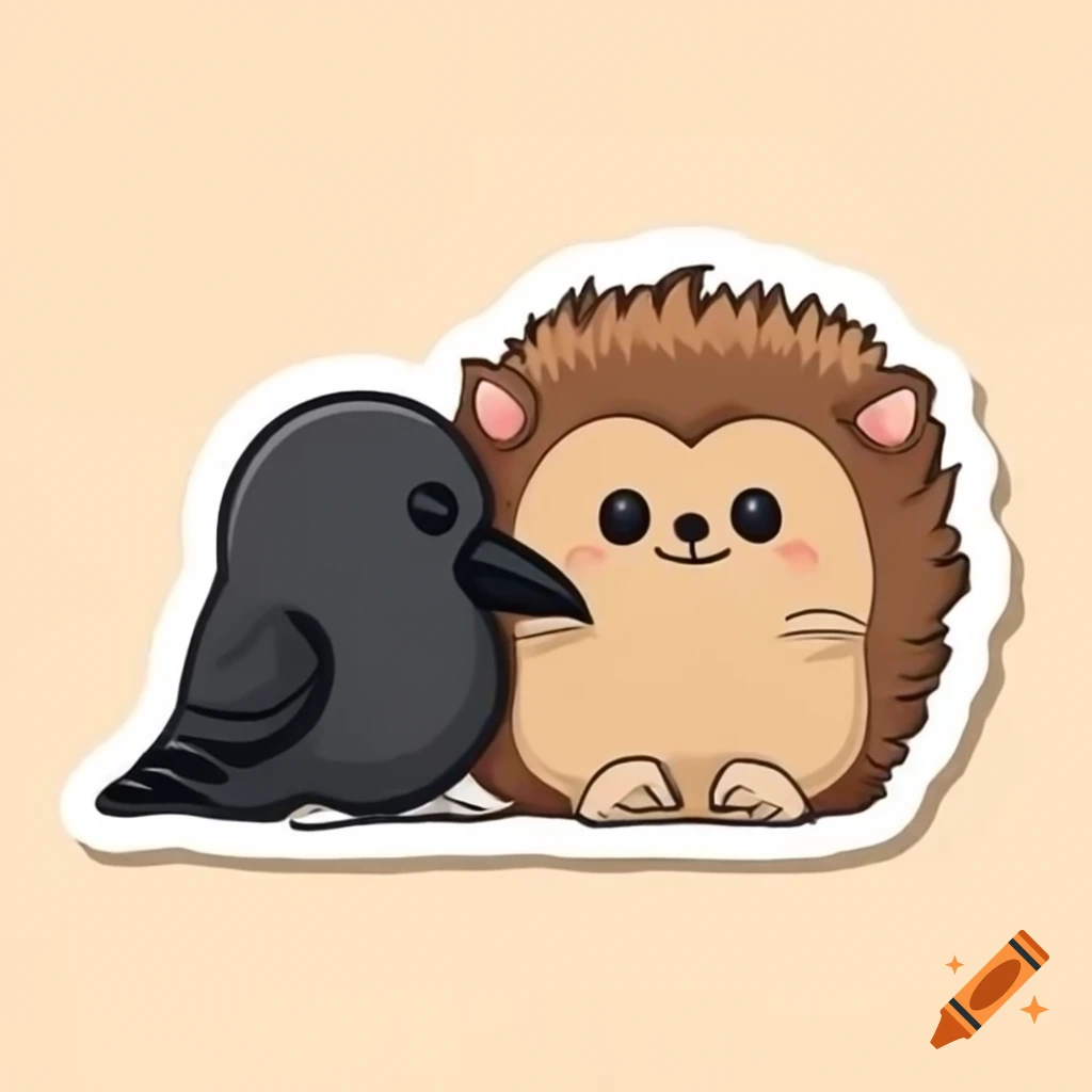 Hedgehog and crow cuddling in heartwarming cartoon style on Craiyon