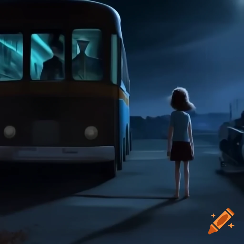 Horror-themed bus with a girl standing beside it at night on Craiyon