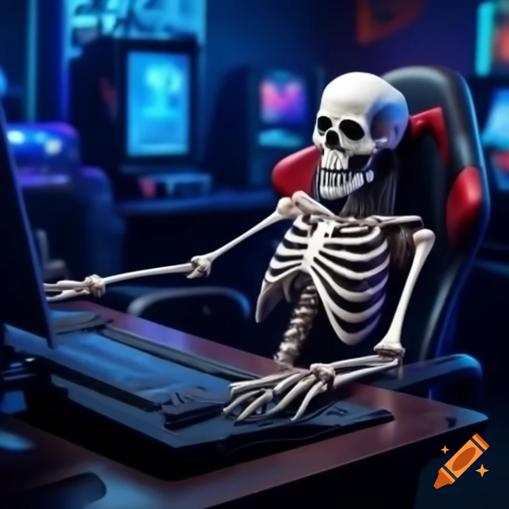 Skinny skeleton gaming at pc desk wearing shades on Craiyon