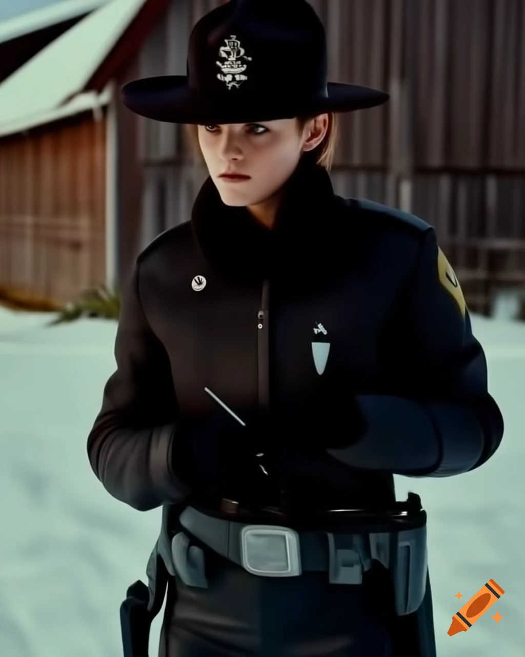 British actress Emma Watson in modern winter sheriff-style uniform with ...