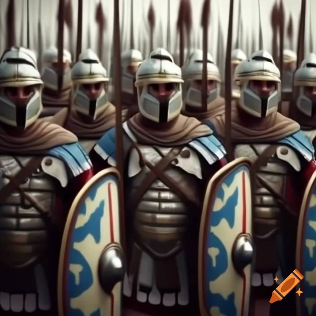 Roman legionnaires in formation with white armor and blue shields on ...