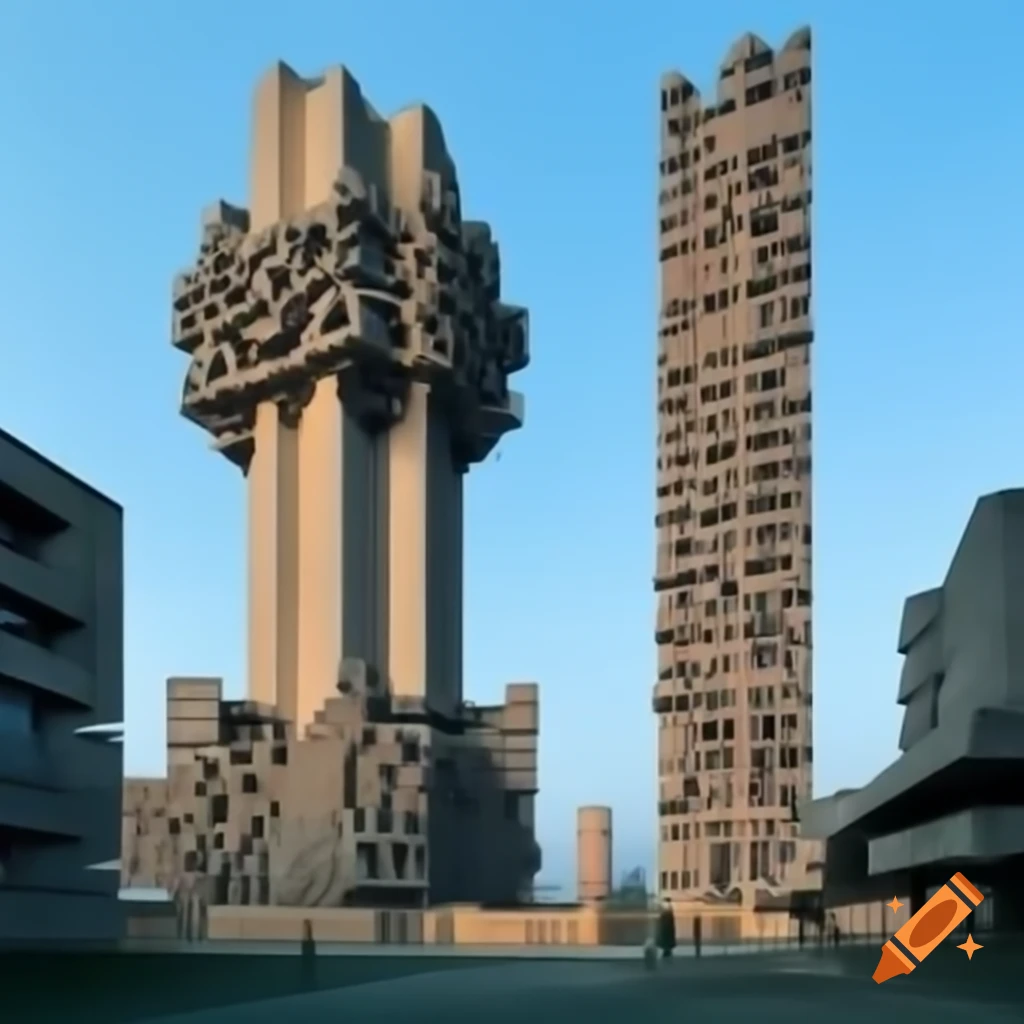 Brutalist geometric solids stacked like buildings in an empty scene on ...