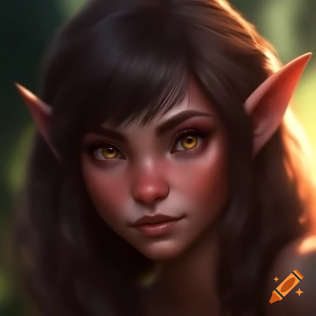 Charming elf maiden with bronze skin and dark hair, looking playful on ...