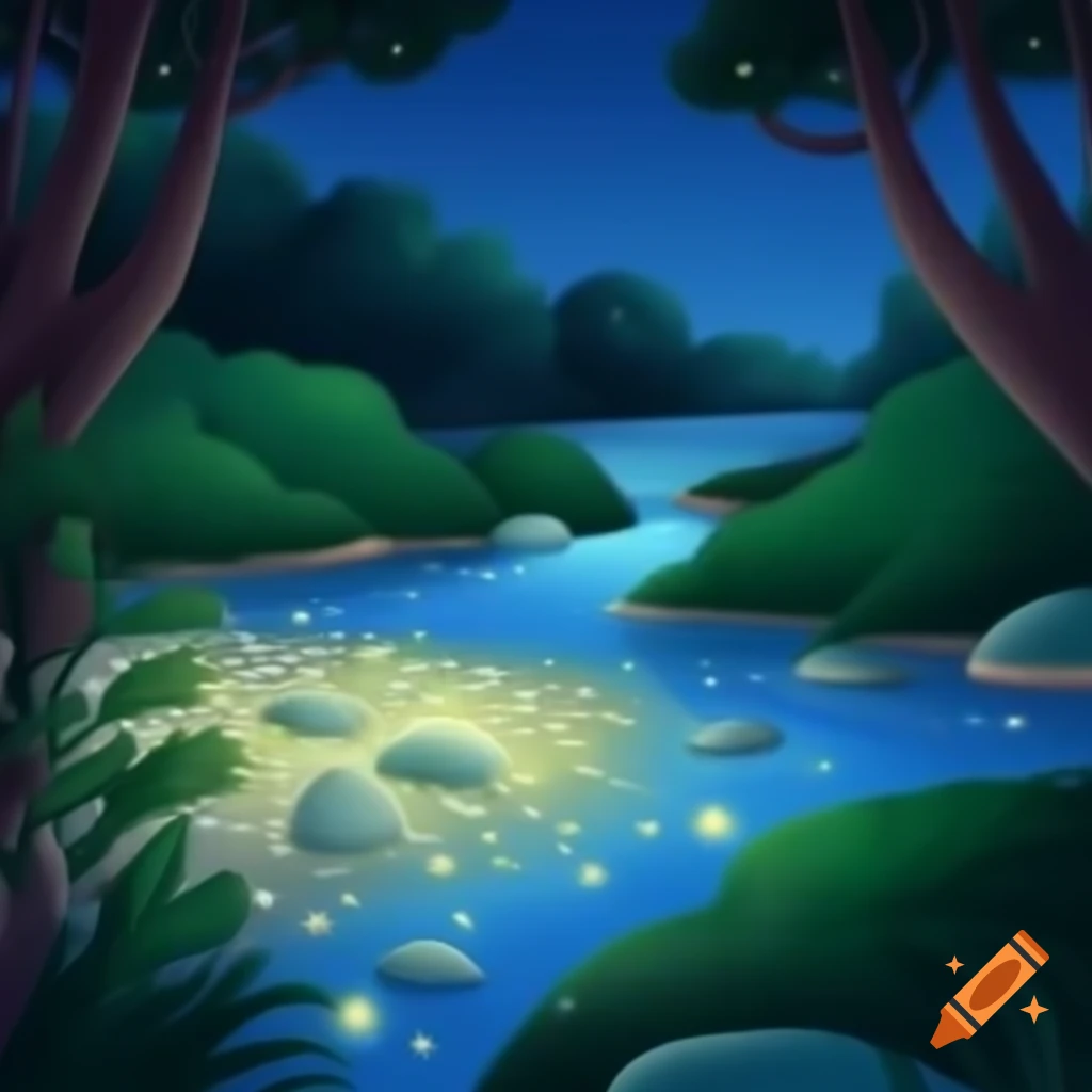 Sparkling forest stream at night with glowing pebbles and starry sky ...