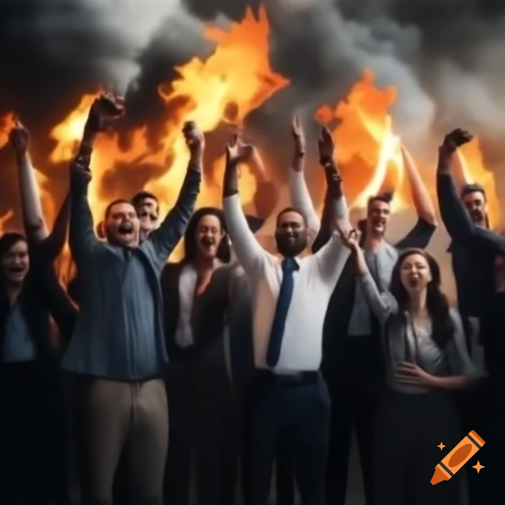 Employees celebrating teamwork with expressions of determination on Craiyon