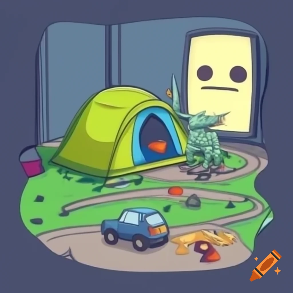 Cartoon zombie horde near camping car on highway on Craiyon