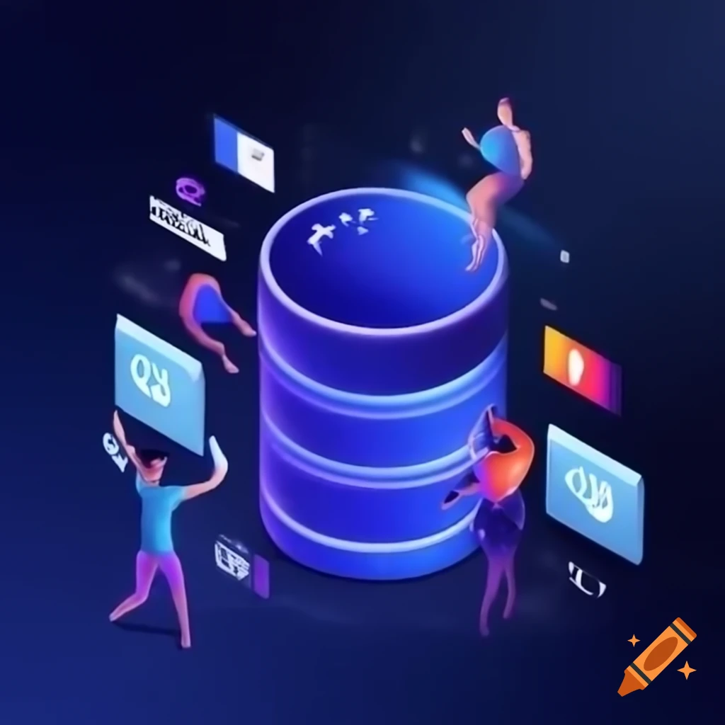 Conceptual illustration of databases in moonlight with people interacting on Craiyon