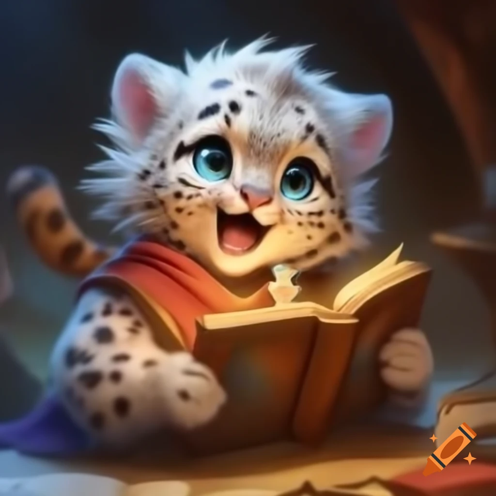 Cute snow leopard sorcerer with spell book and open mouth expression on ...