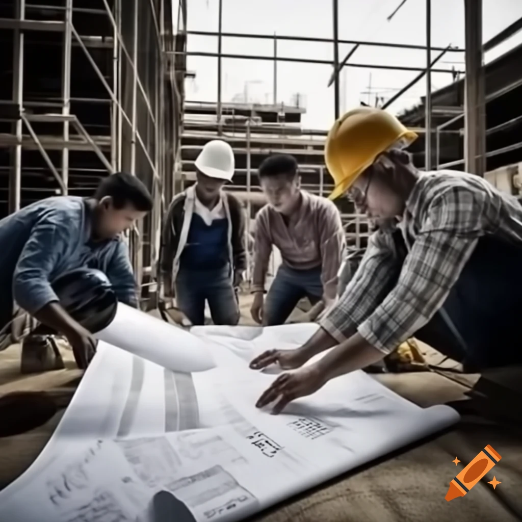 Construction site workers inspecting blueprints and measuring tools on ...