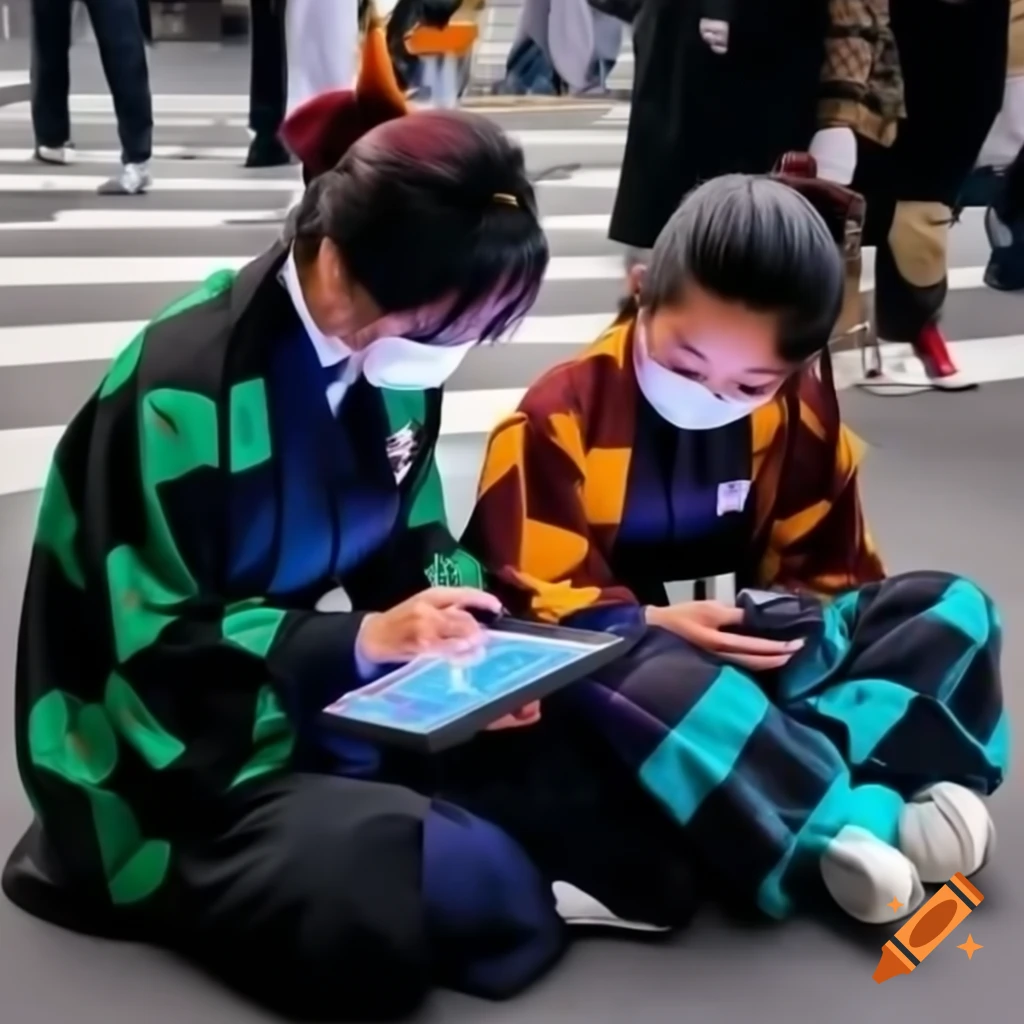 Mom and son practicing breathing techniques using tablet at shibuya crossing with kimetsu no ...