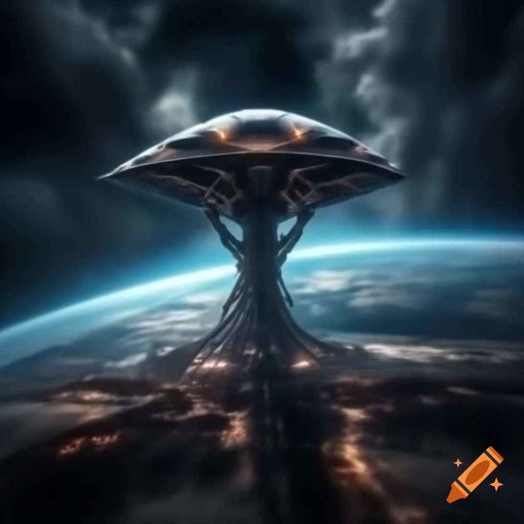 Colossal alien metal tripod tower over los angeles, casting a shadow on ...