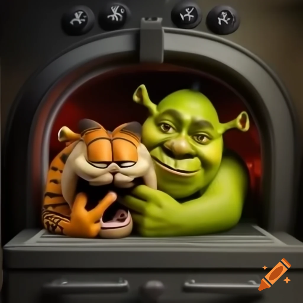 Comic book scene of Shrek and Garfield in an oven with John Cena crying ...