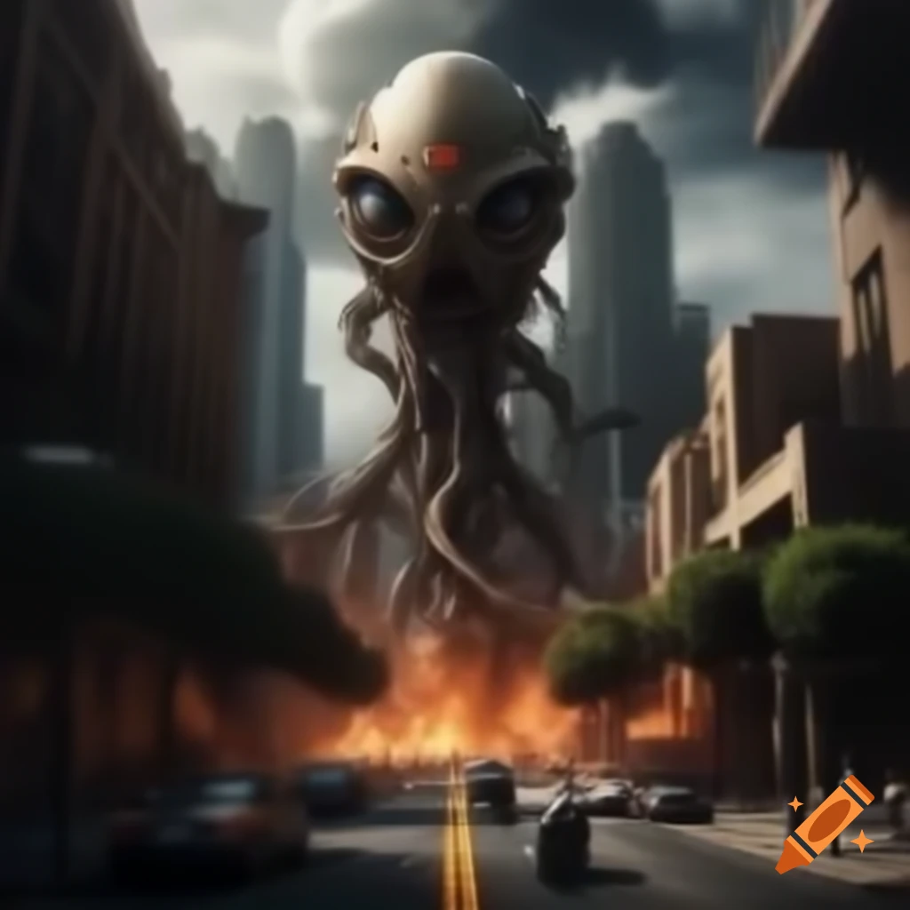 Colossal alien metal tripod in los angeles, casting shadows as it ...