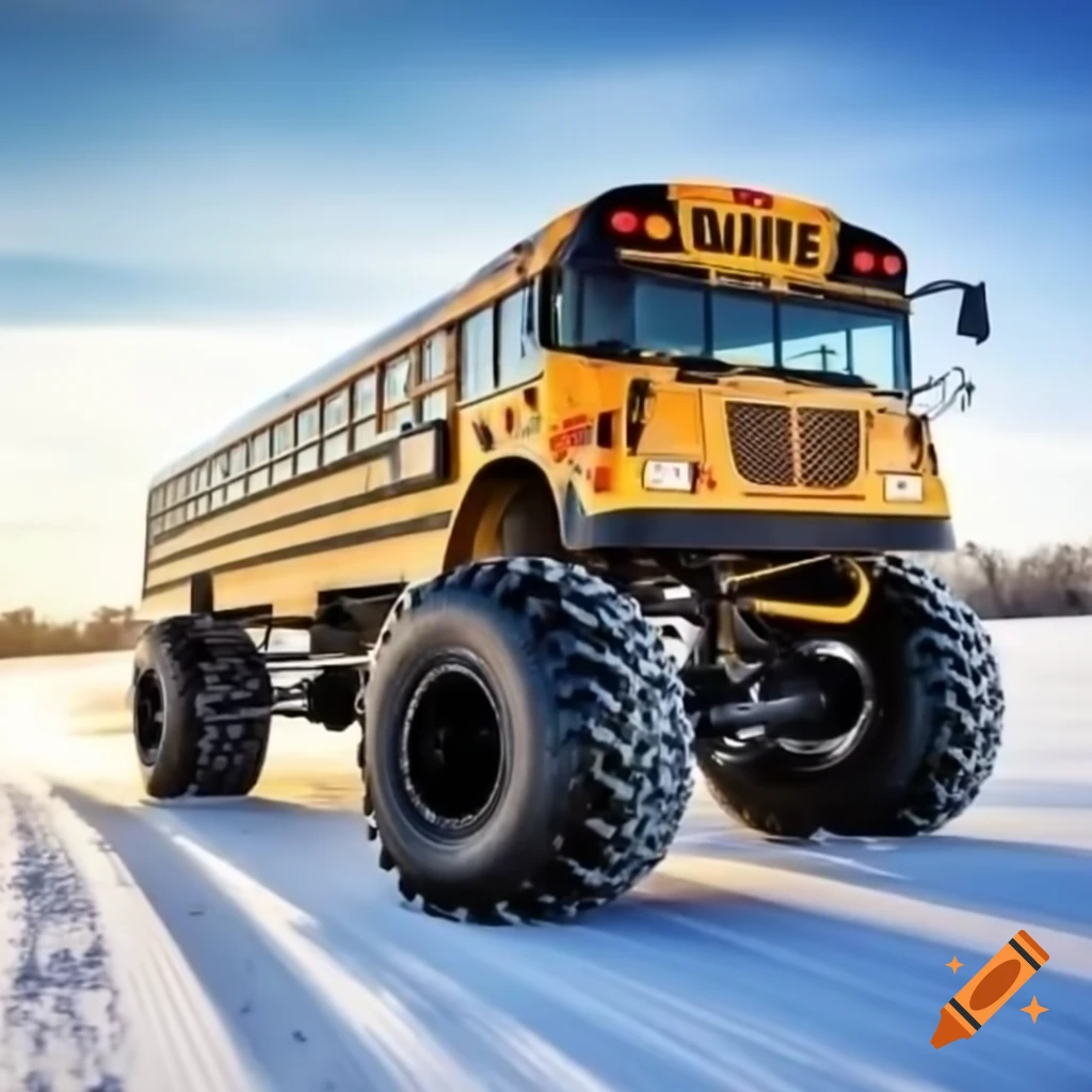 Monster truck school bus with giant tires driving in snowy landscape on ...