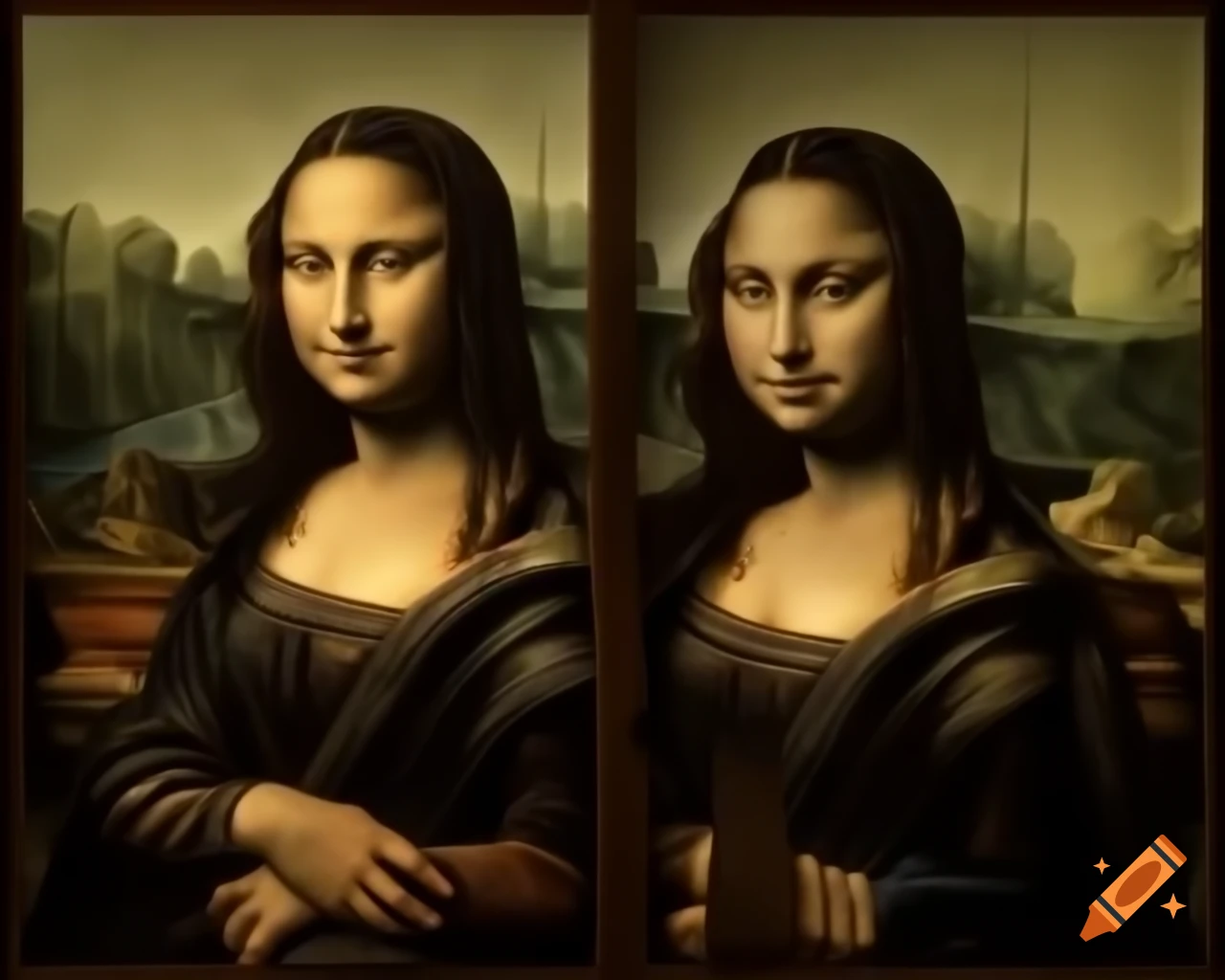 Ethereal diptych of two Mona Lisas with unique expressions on Craiyon
