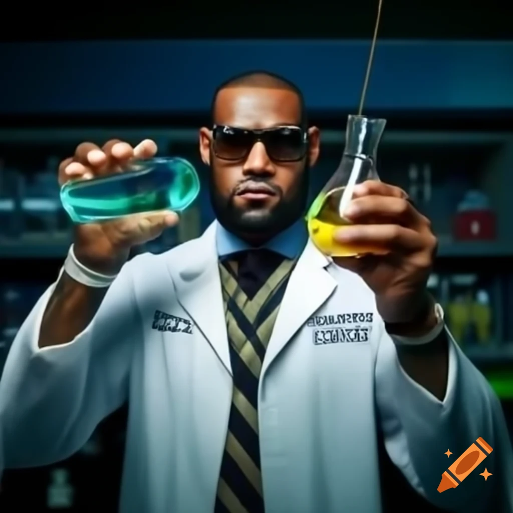 LeBron James in lab coat and safety glasses preparing experiments with chemical flask on Craiyon