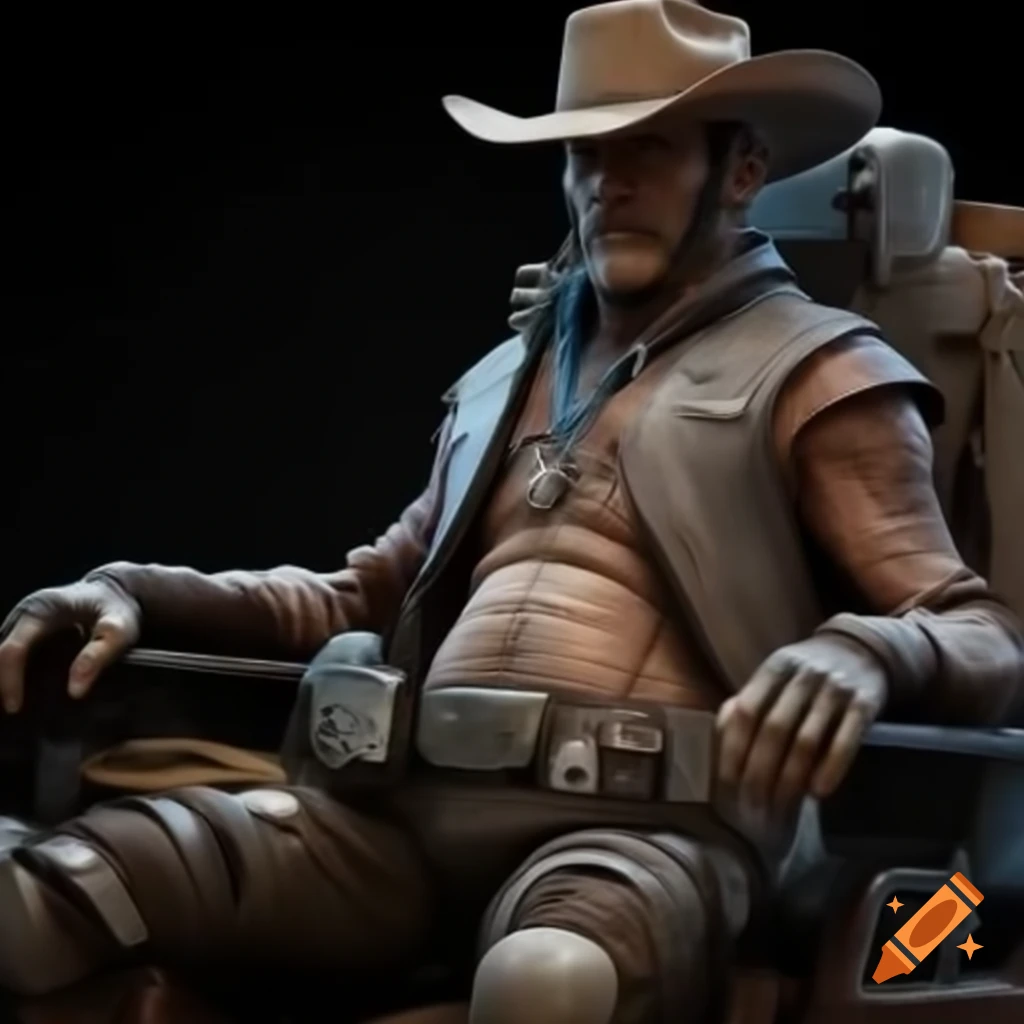Futuristic cowboy in pilot's chair with wooden prosthetic leg on Craiyon