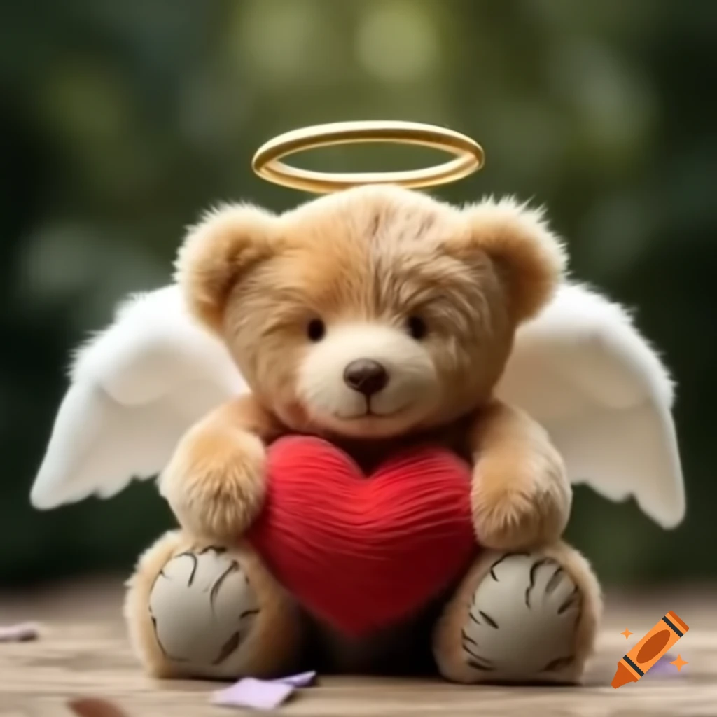 Fluffy teddy bear with angel wings holding heart, symbolizing love and ...