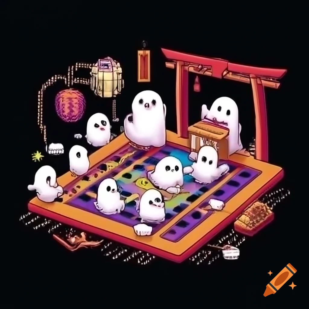 Chibi ghost meeples adding charm to tokaido-inspired board game on Craiyon
