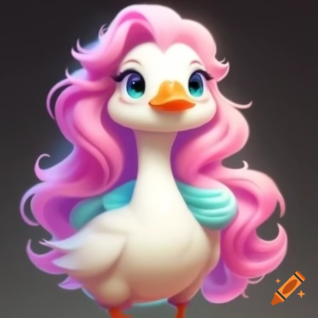 Cartoon-style beautiful female goose with long eyelashes and bright ...