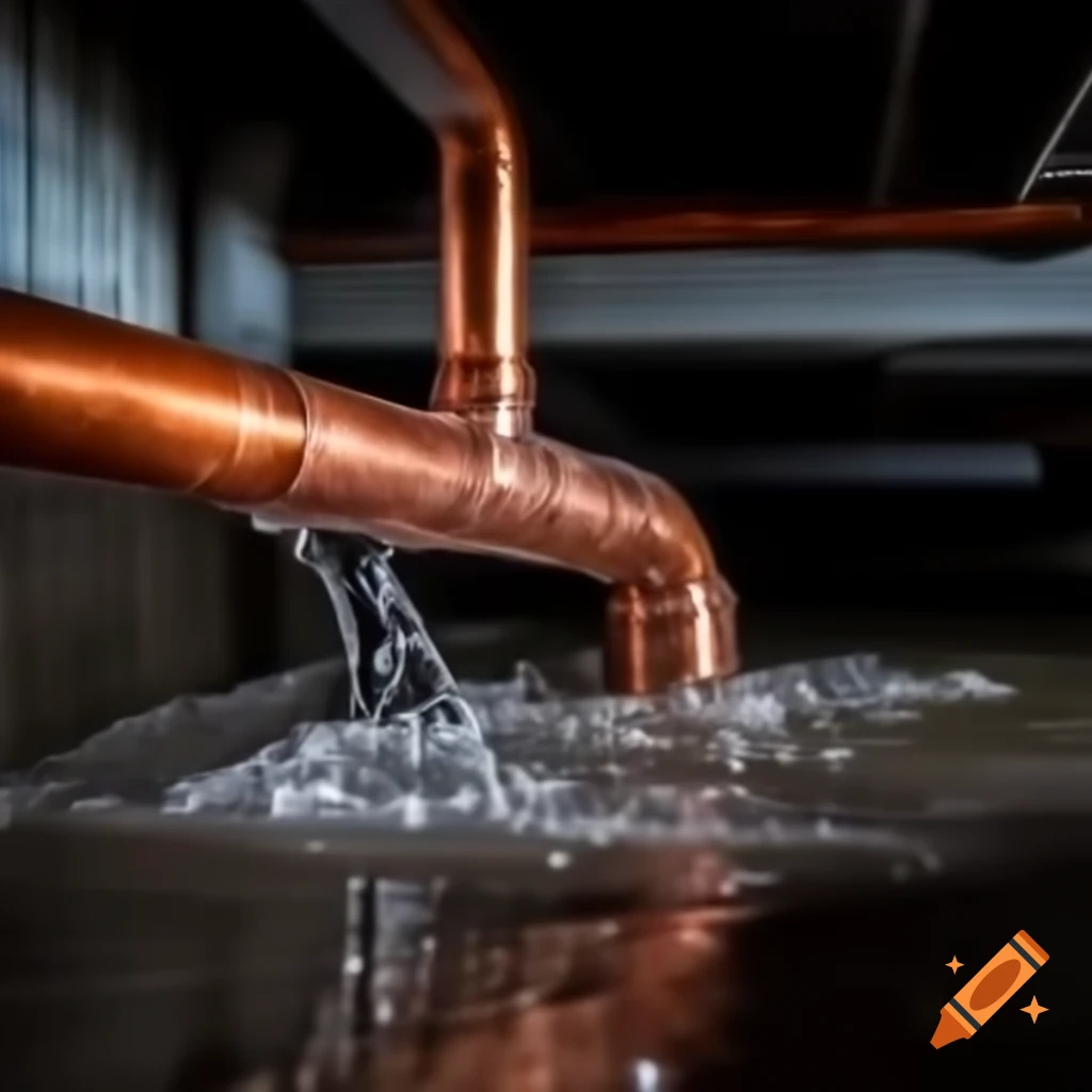 Frozen copper pipe bursting and causing flooding in a basement on Craiyon