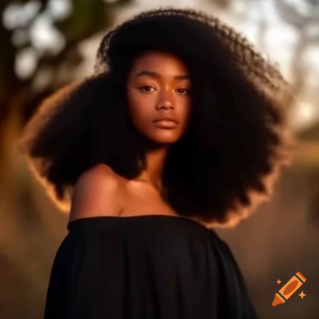 Young black woman in off-shoulder dress illuminated by sunlight outdoors on Craiyon