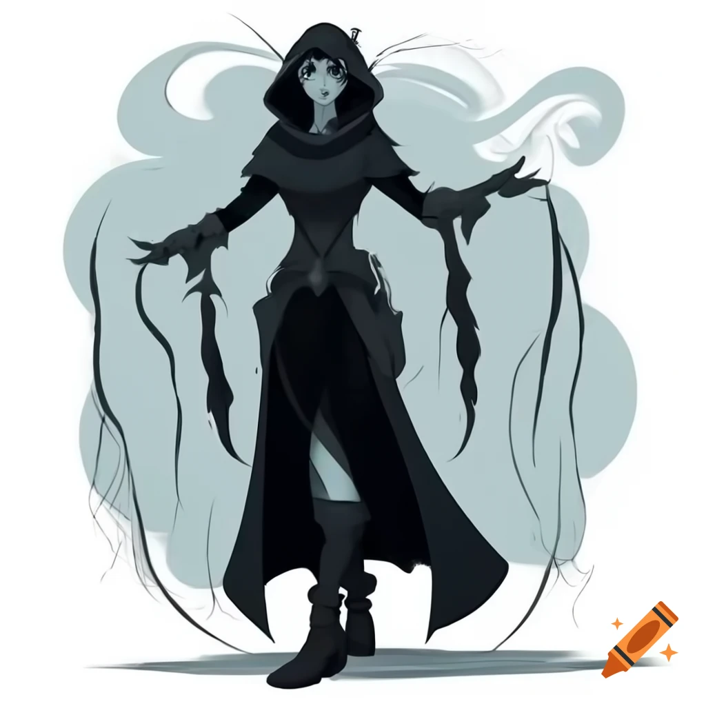 Full body drawing of DND half-elf woman in black cloak on Craiyon