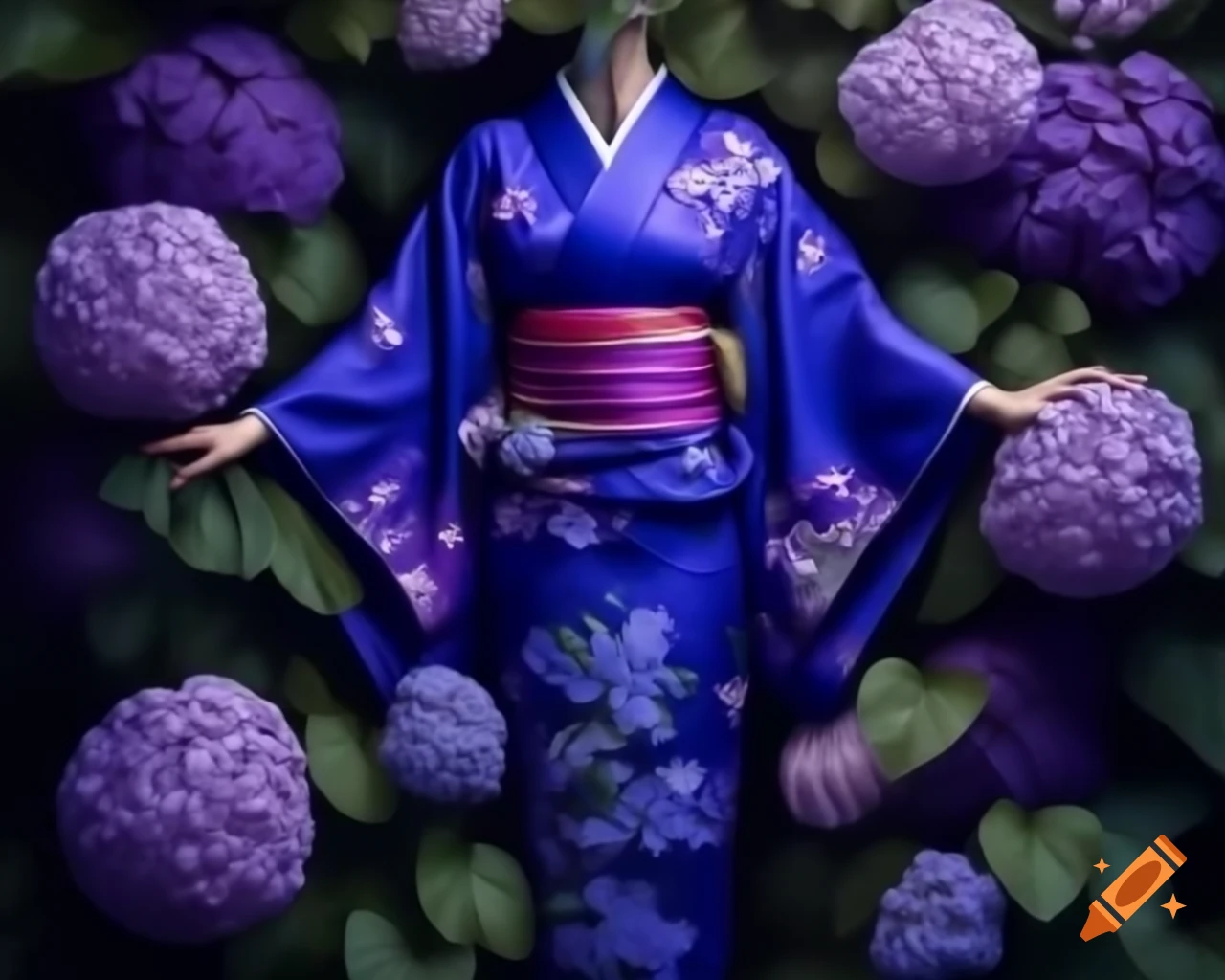 Deep blue-purple furisode kimono with wisteria and hydrangea detailed ...