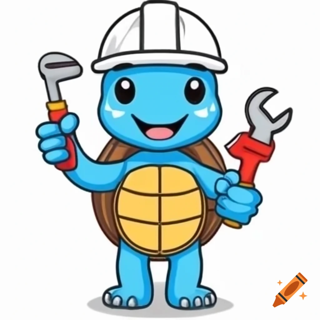 Blue turtle plumber with helmet holding pipe wrench on Craiyon