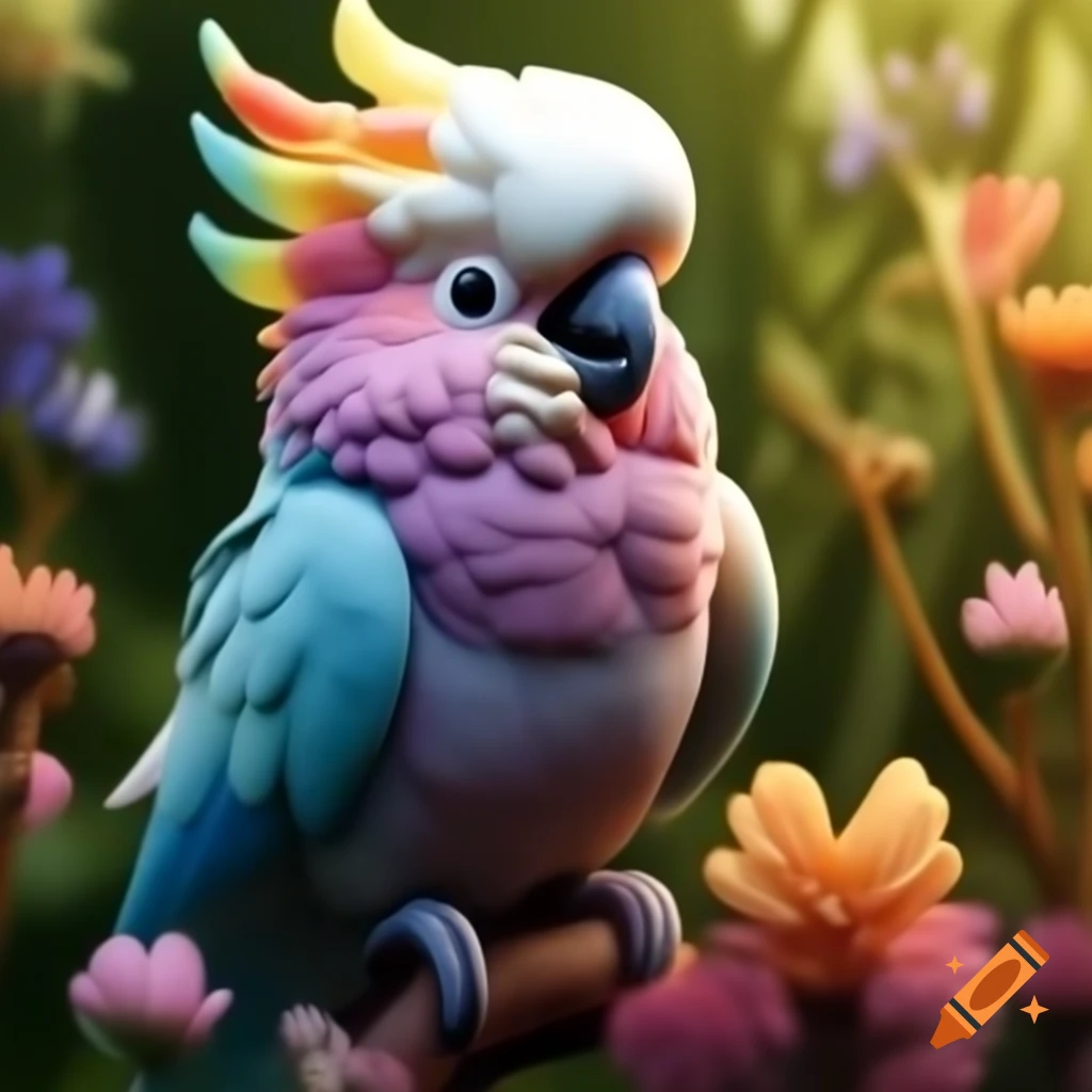 Vibrantly colored cockatoo in whimsical garden with rainbow flowers ...