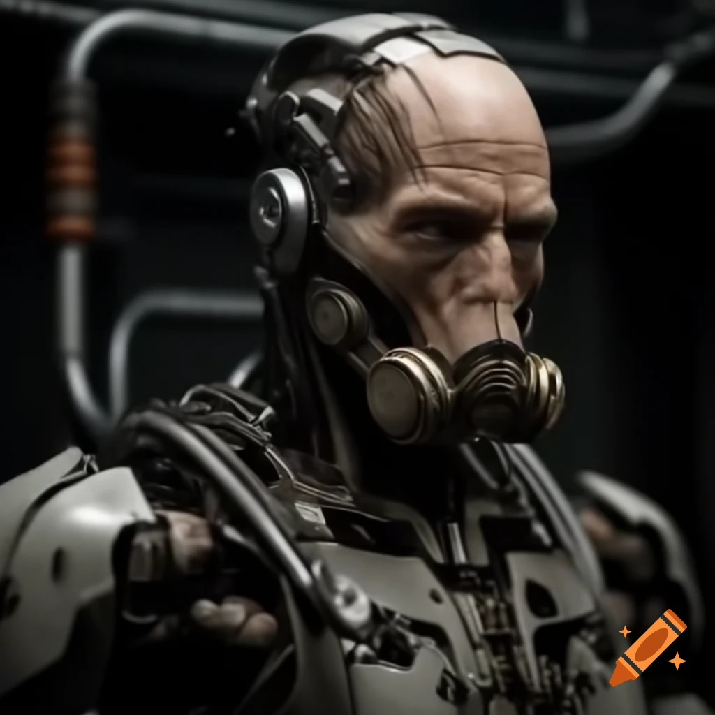 Realistic cyborg man in Gothic clothing with gas mask, connected to ...
