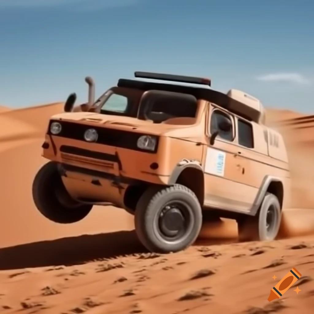 Volkswagen rally-raid vehicle driving through vast, dusty desert on Craiyon